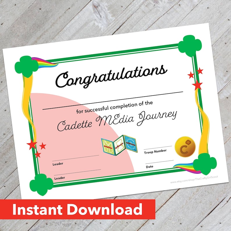Girl Scout Cadette Media Journey Certificate - Downloadable Design - Etsy