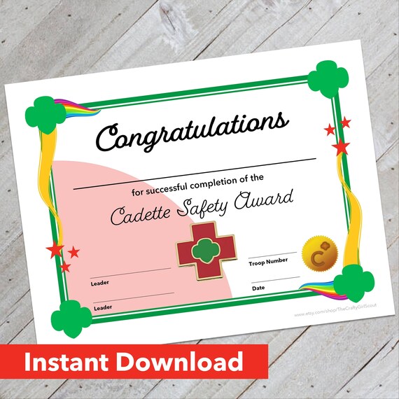 Girl Scout Cadette Safety Award Certificate Downloadable - Etsy