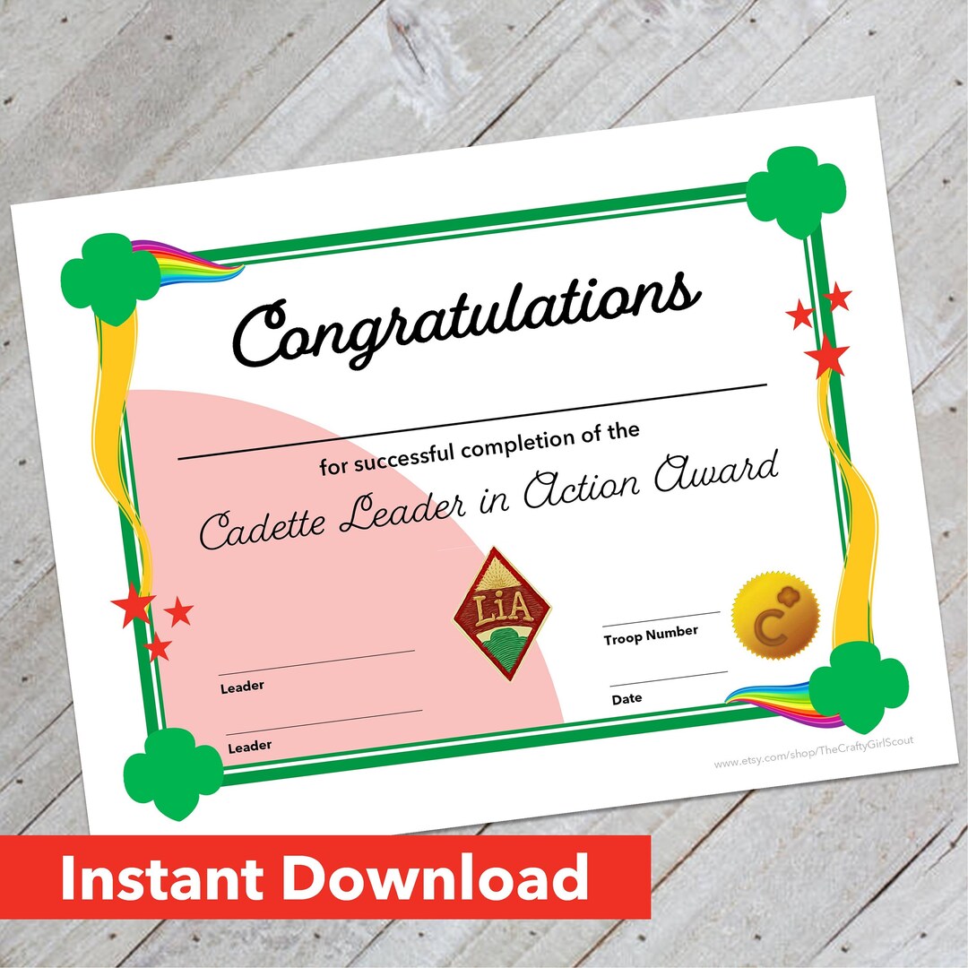 Girl Scout Cadette Leader in Action Award Certificate (take Action ...