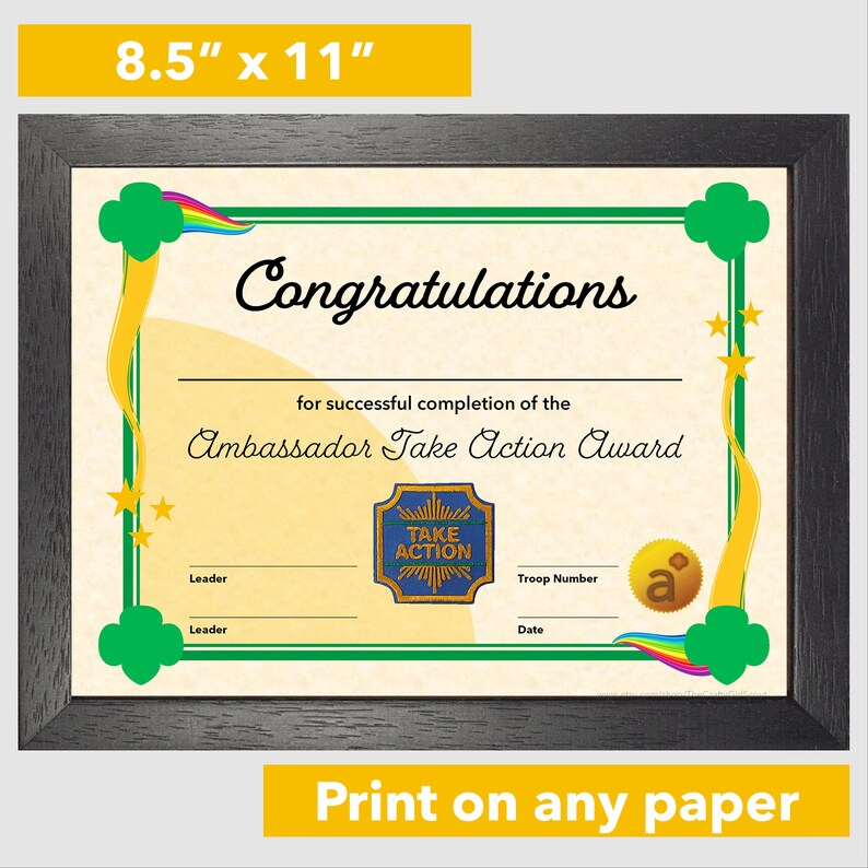 Girl Scout Ambassador Take Action Award Certificate - Downloadable ...