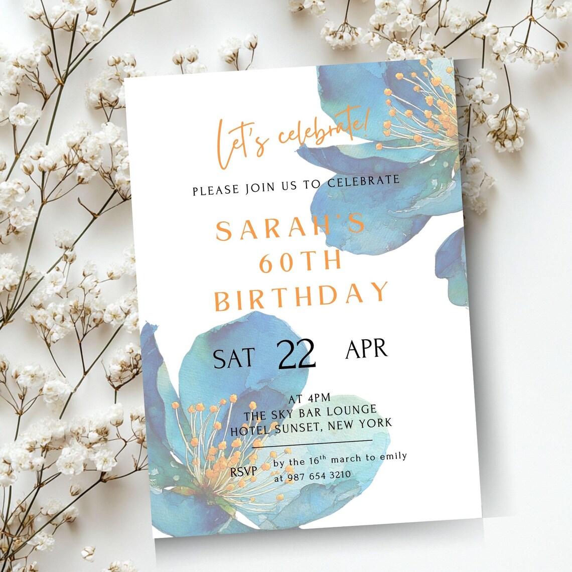 Blue Floral Birthday Invitation Template, Elegant Watercolor (digital ...