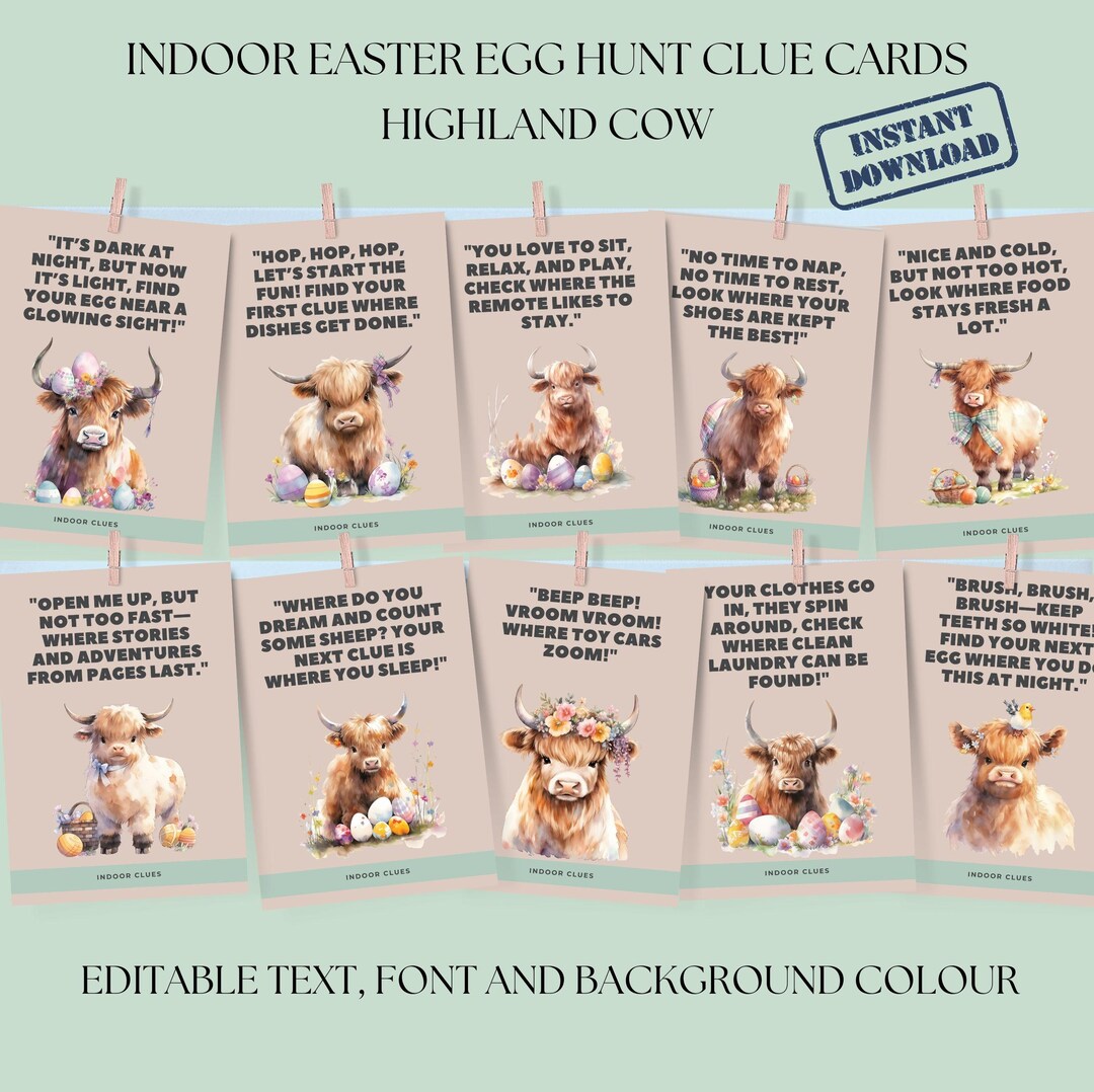 Highland Cow Editable Indoor Easter Egg Hunt Clue Cards Easter Games ...