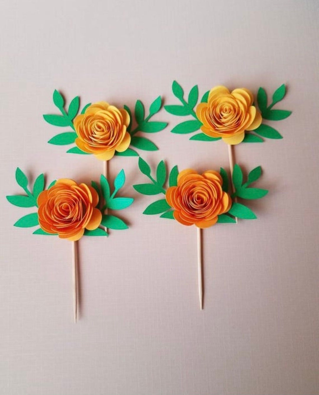 Set of Yellow Paper Flower Toppers, Flower Cupcake Toppers, Roses ...