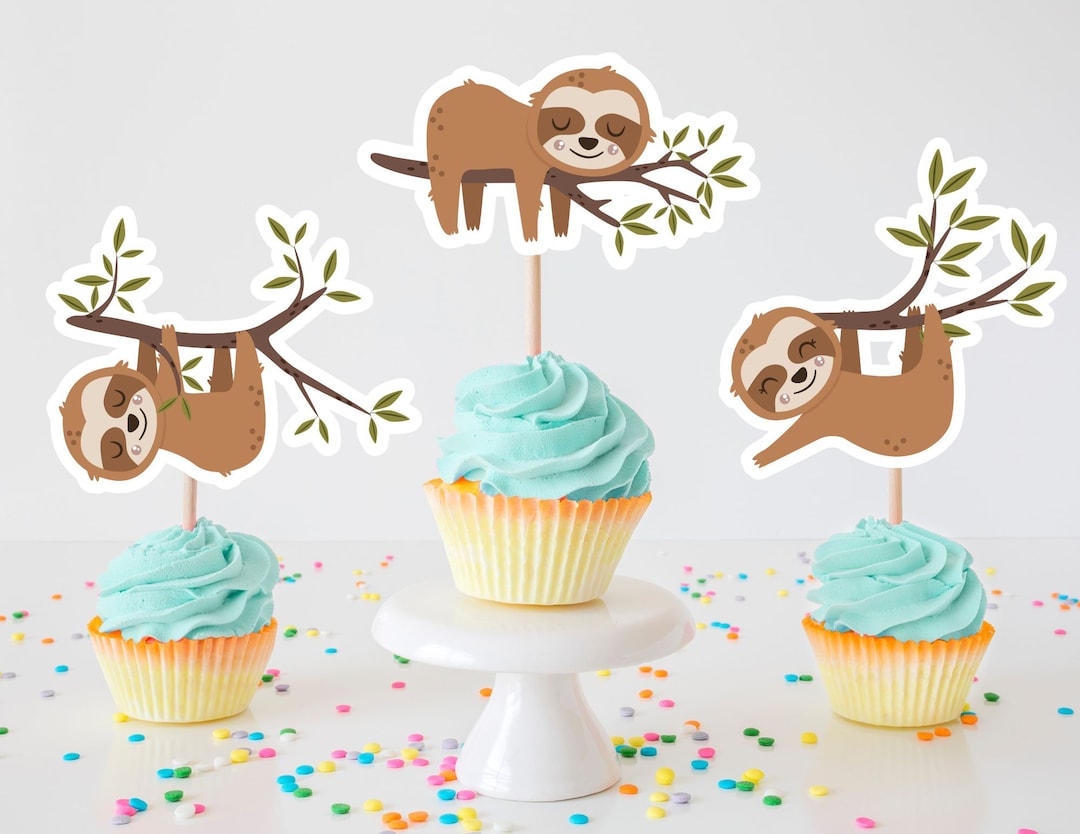 Cute Sloth Cupcake Toppers, Sloth Party Toppers, Sloth on a Tree Branch ...