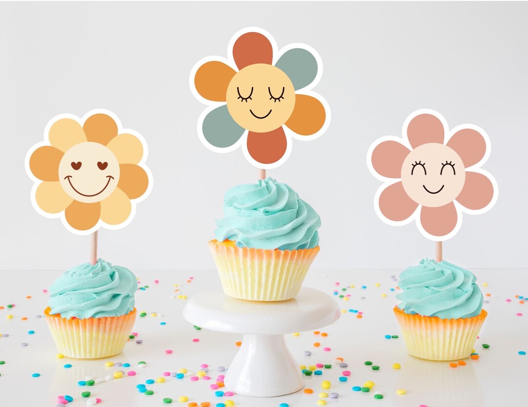 Flower Cupcake Toppers, Retro Flower Toppers, Flower Food Toppers ...
