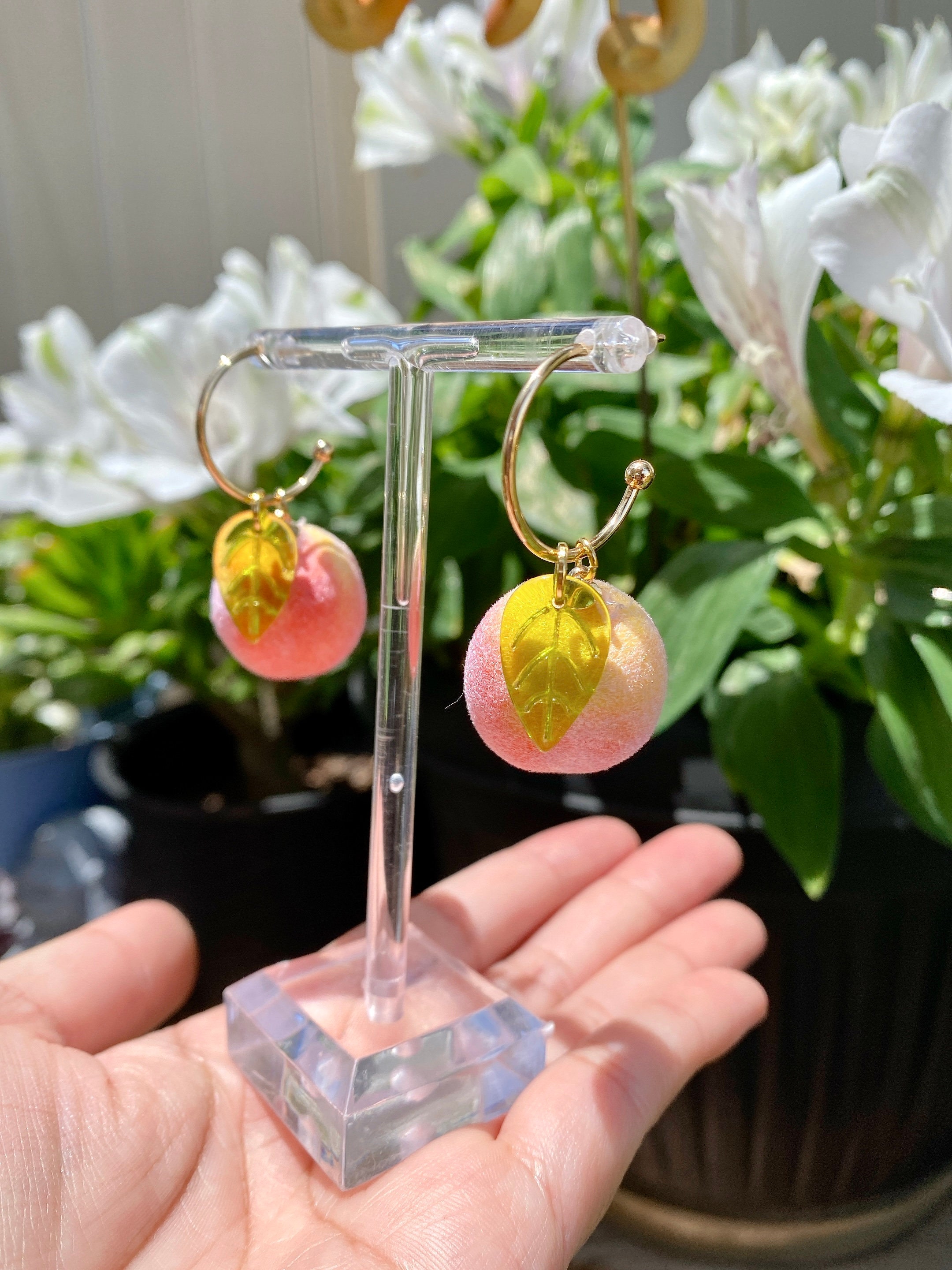 Fuzzy Peach Half Hoop Earrings | Peachy Cute Hoop Dangles - Etsy