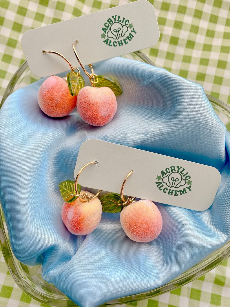 Fuzzy Peach Half Hoop Earrings | Peachy Cute Hoop Dangles - Etsy
