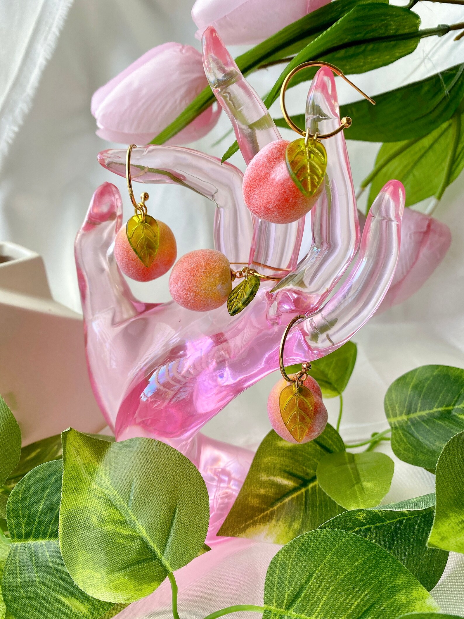 Fuzzy Peach Half Hoop Earrings | Peachy Cute Hoop Dangles - Etsy