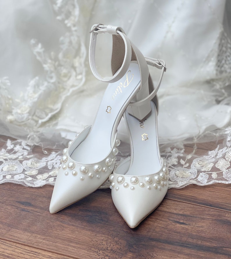 Ivory Pearl Block Heels - D'orsay Ankle Strap - Bridal Wedge Shoes ...