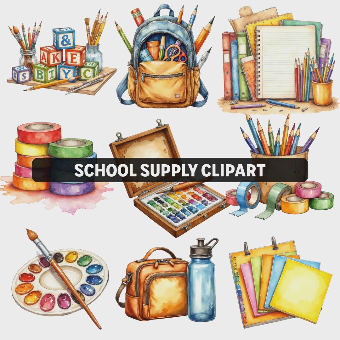 School Supply Clipart, Watercolor Clipart Set, Back to School, Teachers ...