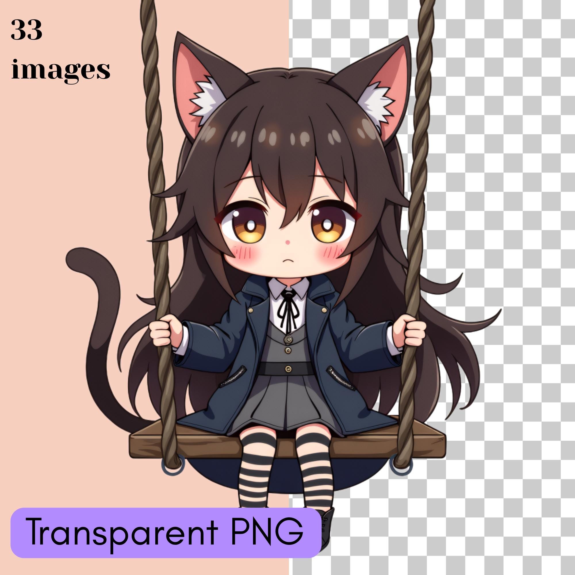 Gothic Catgirl Chibi Clipart Bundle - Kawaii Neko on Swing PNG ...