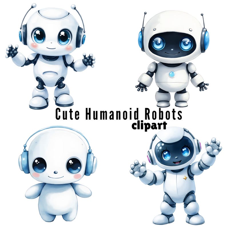 Cute Robot Clipart Bundle Kawaii Humanoid Robots PNG Sci-fi Digital Art ...