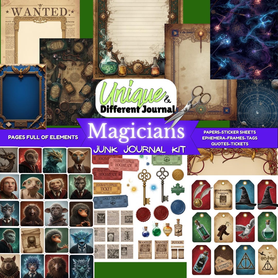 Magicians Junk Journal Kit Pages, Magic Potions Ephemera, Stickers ...