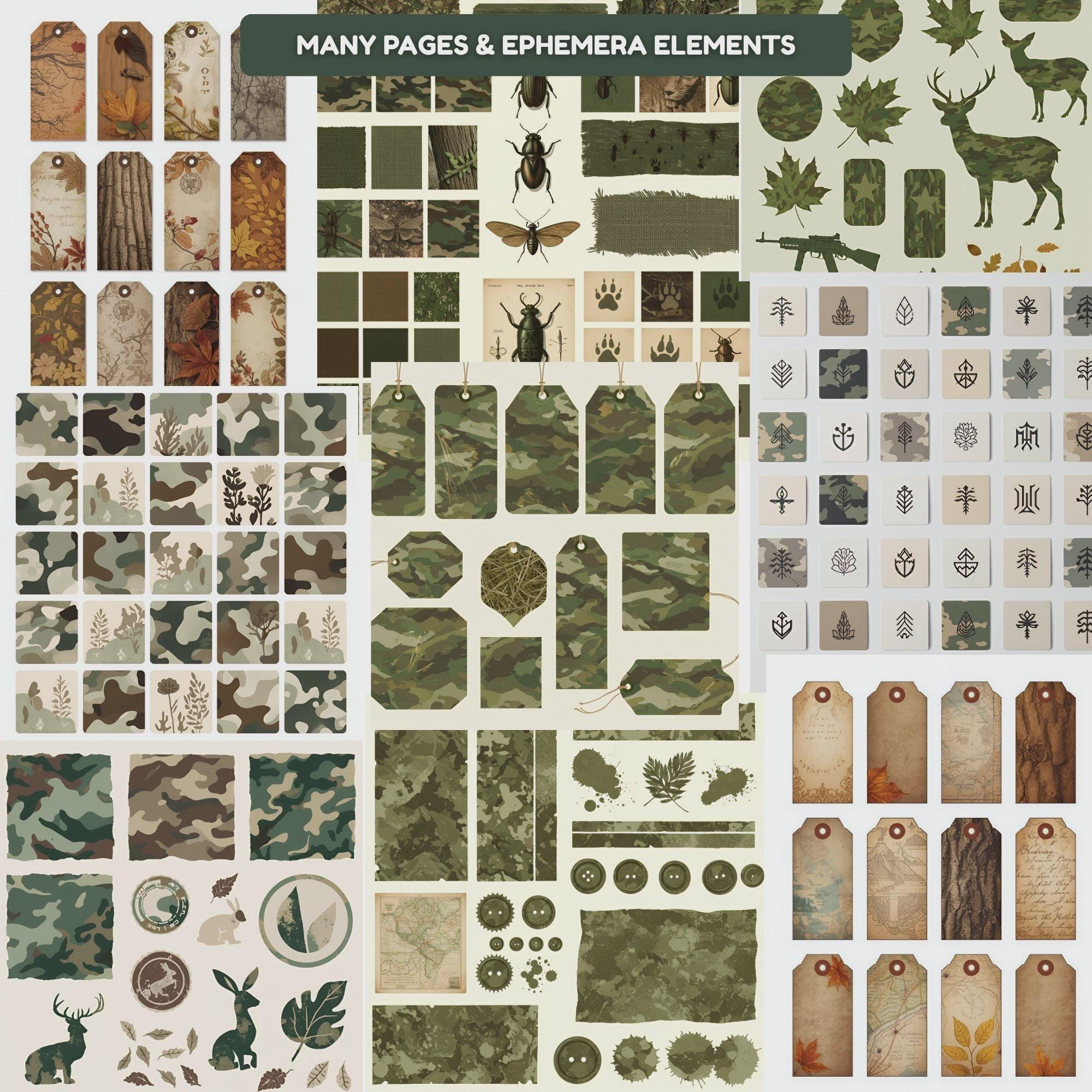 Camouflage Junk Journal Kit, Digital Paper Pack & Ephemera, Printable ...