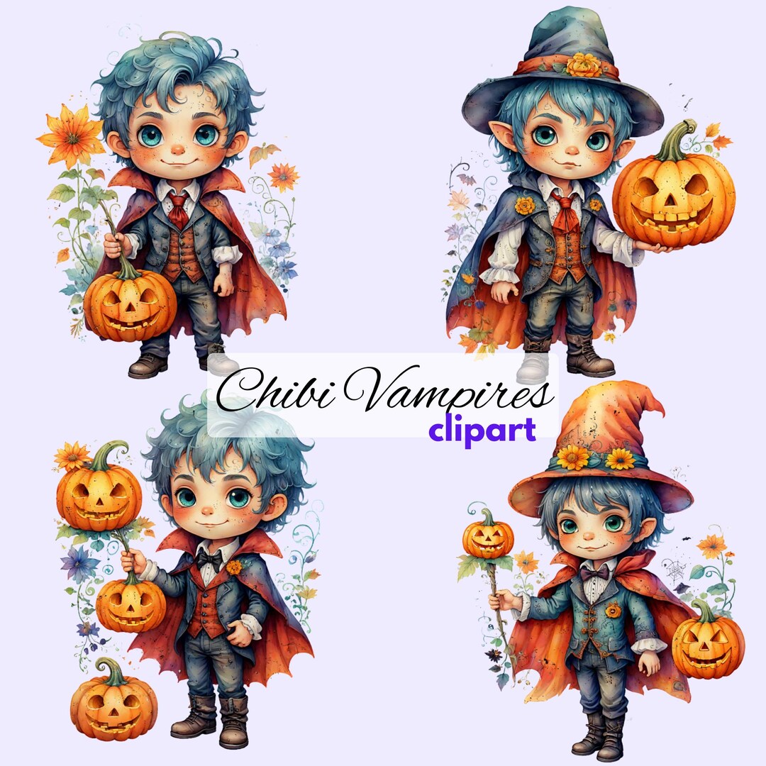 Enchanting Chibi Vampire Clipart Bundle Spooky Cute Halloween Graphics ...