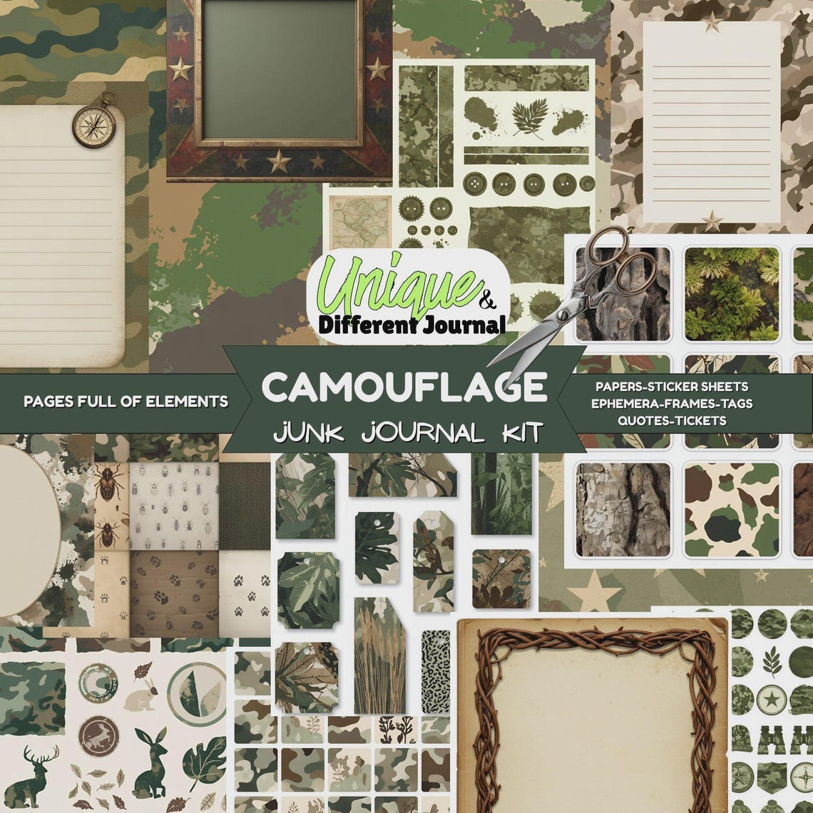 Camouflage Junk Journal Kit, Digital Paper Pack & Ephemera, Printable ...