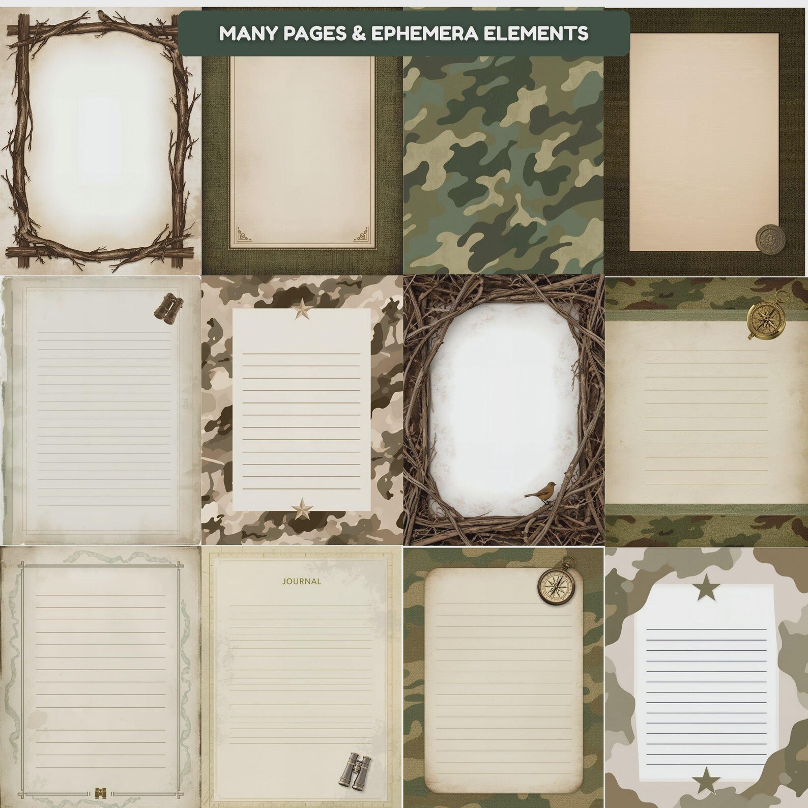 Camouflage Junk Journal Kit, Digital Paper Pack & Ephemera, Printable ...