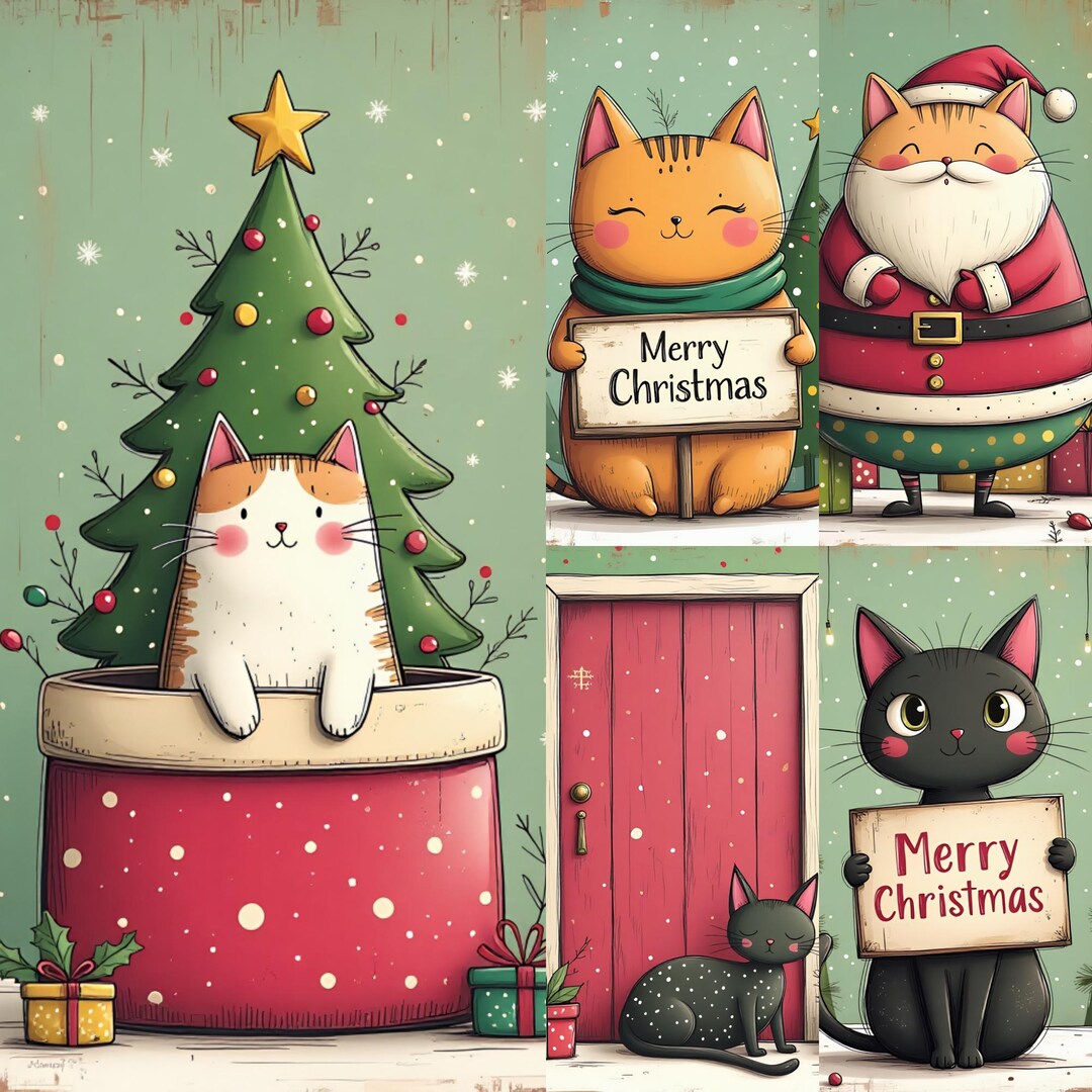 Christmas Cat Digital Paper Pack | Holiday Backgrounds Cute Cat Junk ...