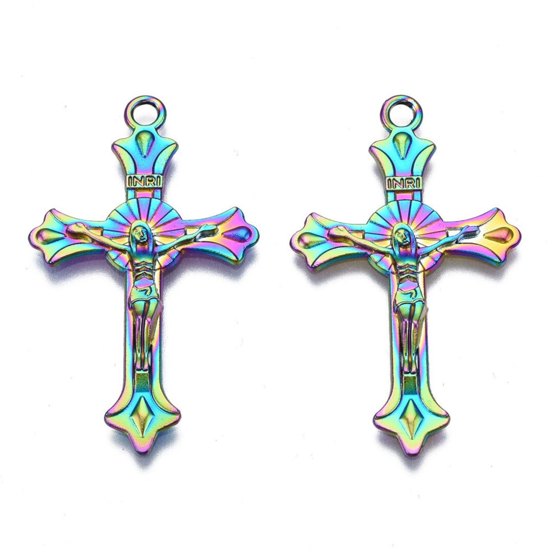 Rainbow Tone Metal Alloy Crucifix Cross Charm Pendant Set of 5, Large ...
