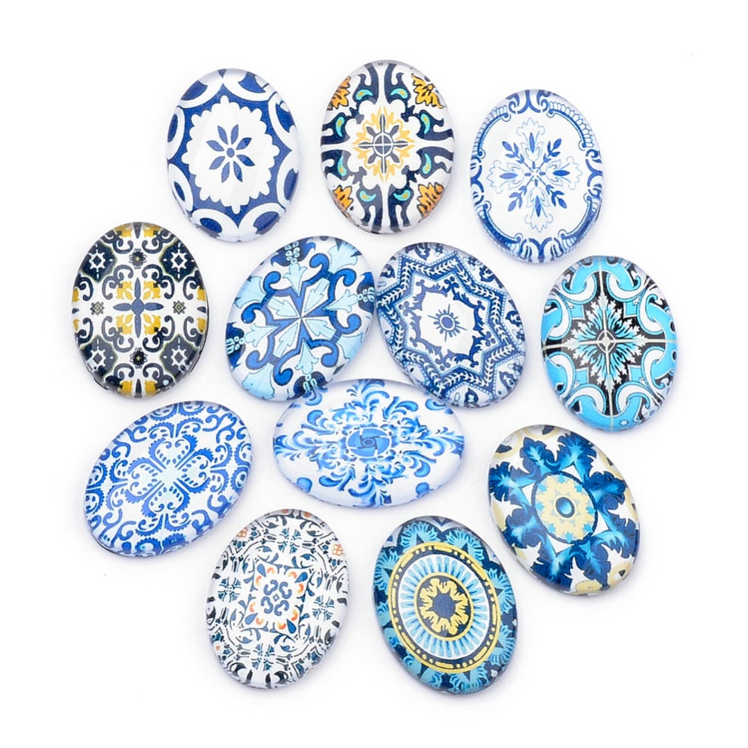 Oval Glass Cabochon Assorted Blue, White and Yellow Mosaic, Flat Back ...