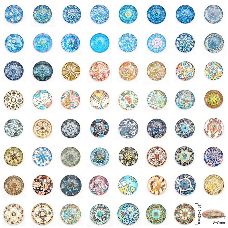 25mm Round Glass Cabochon Assorted Bright Prints, Round Flat Back ...