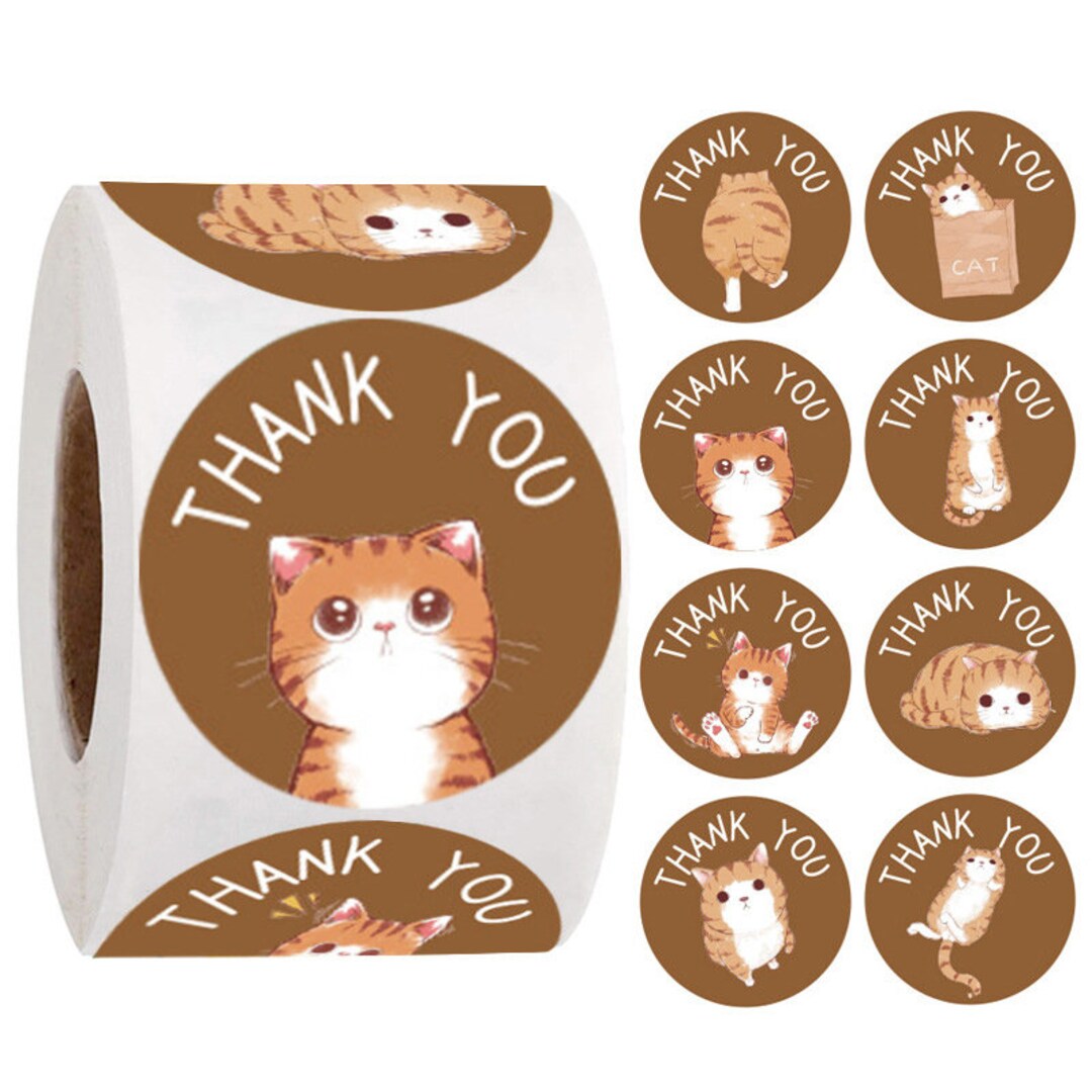 Brown and Beige Cat, Thank You Sticker Roll, 500 Stickers Roll, 1 ...