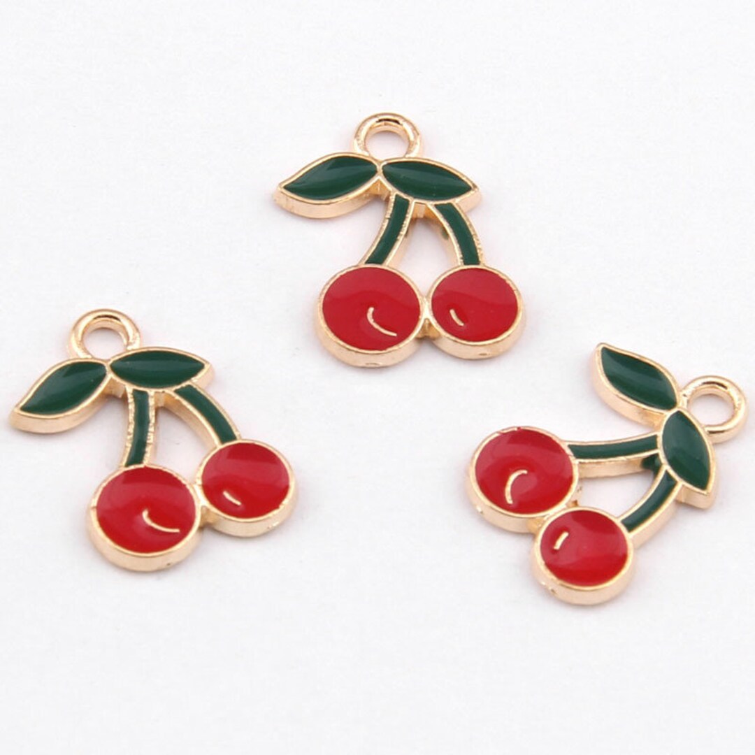 Light Gold Tone Enamel Red Cherry Charm, Sold in Lots of 10, Bulk Charm ...