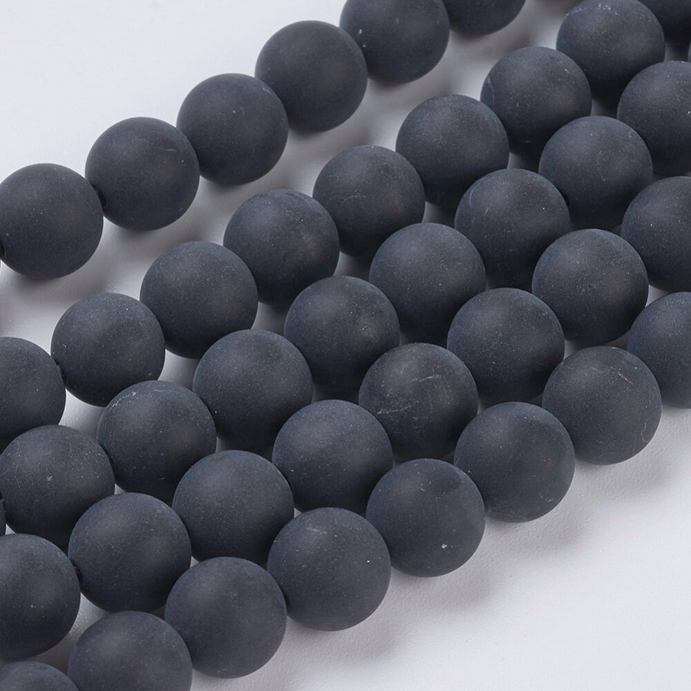 8mm Round Natural Frosted Black Agate Bead Dyed Strand 15