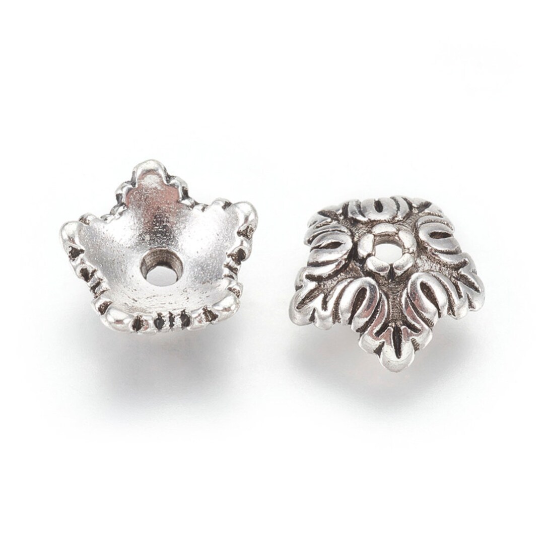 Tibetan Style Alloy Leafy Floral Bead End Cap Set of 10, Antique Silver ...