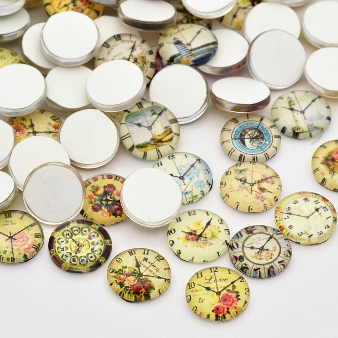 12mm Round Glass Paper Backed Cabochon With Clock Face Print, Set of 10 ...