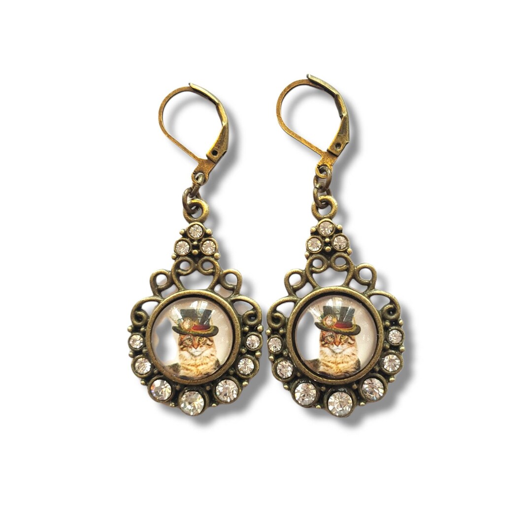 Glass Cats With Hats Crystal Pendulum Earrings Boho 2 - Etsy