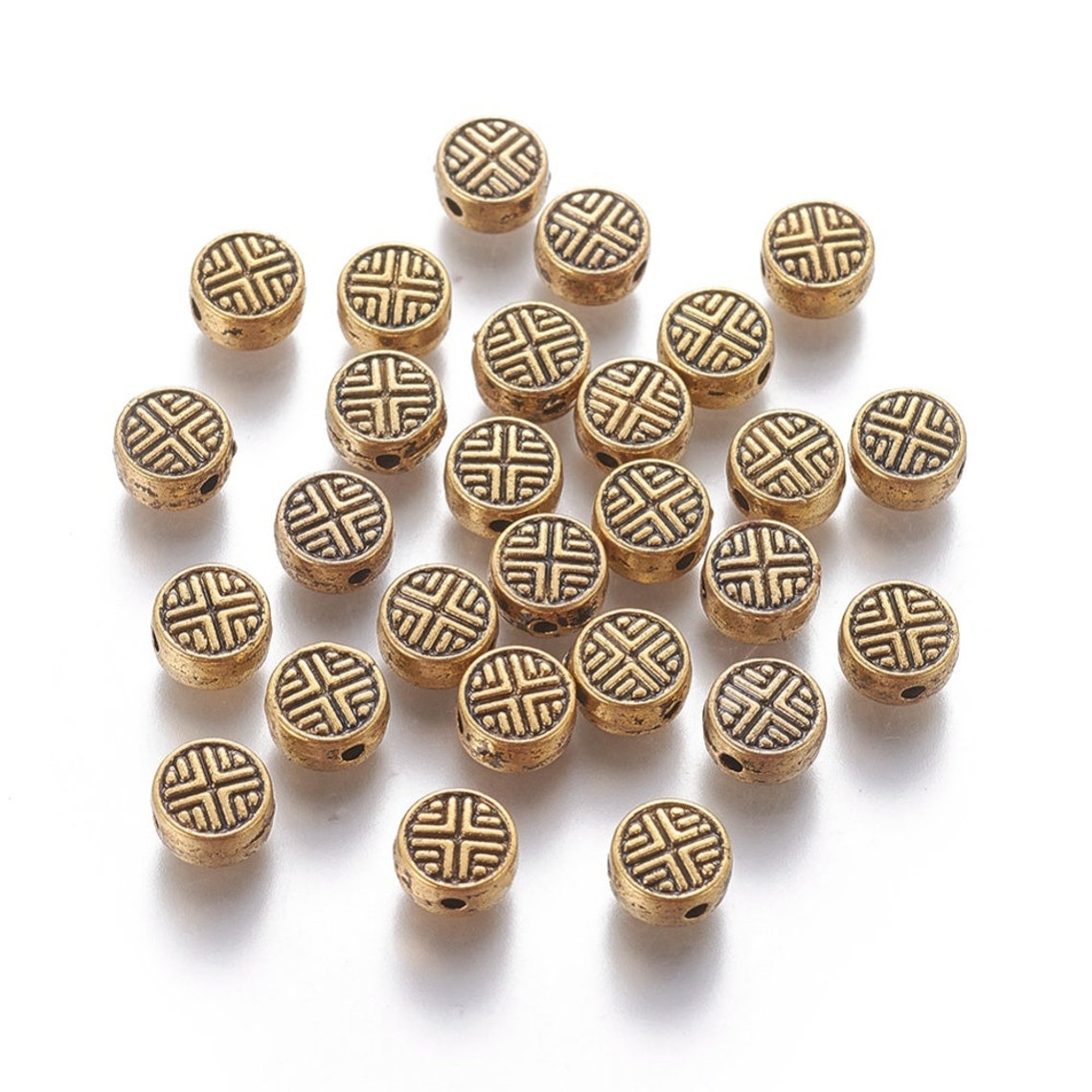 Tibetan Style Alloy Flat Round Bead Set of 10, Antique Gold Tone, 6.3mm ...