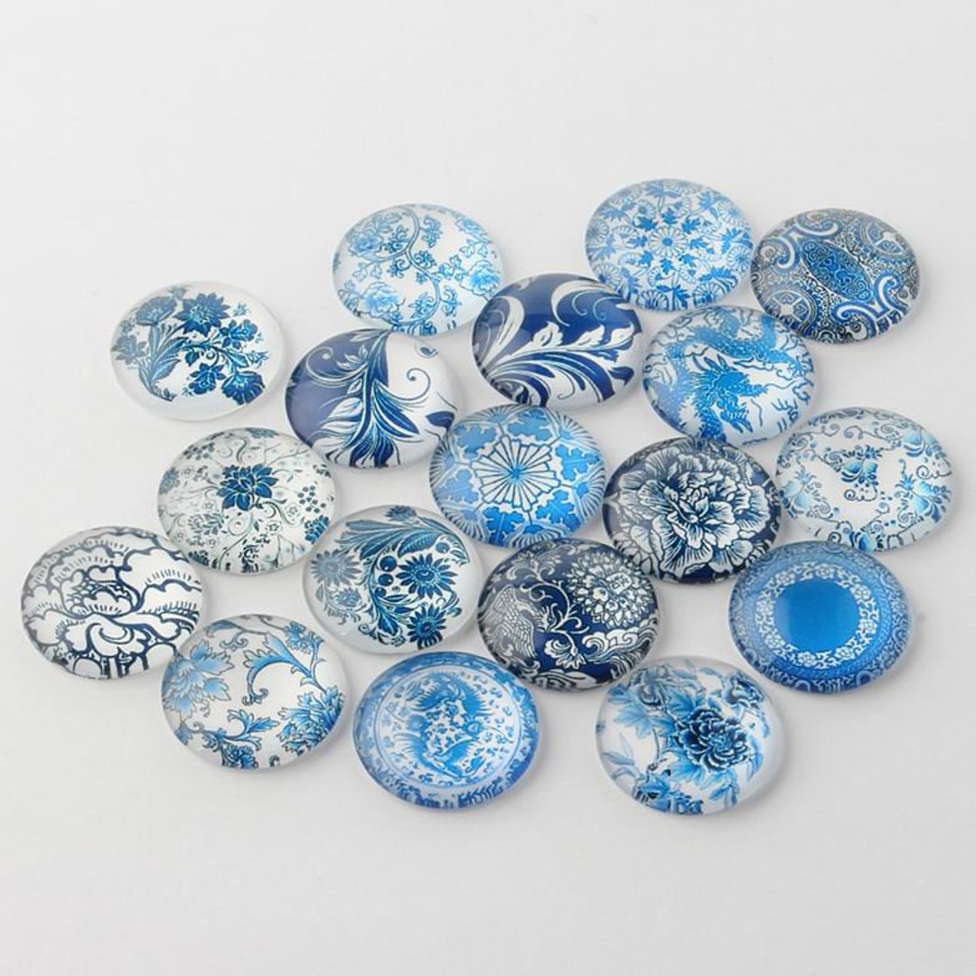 Round Glass Cabochon With Blue and White Floral Print, Set of 10, 50 or ...