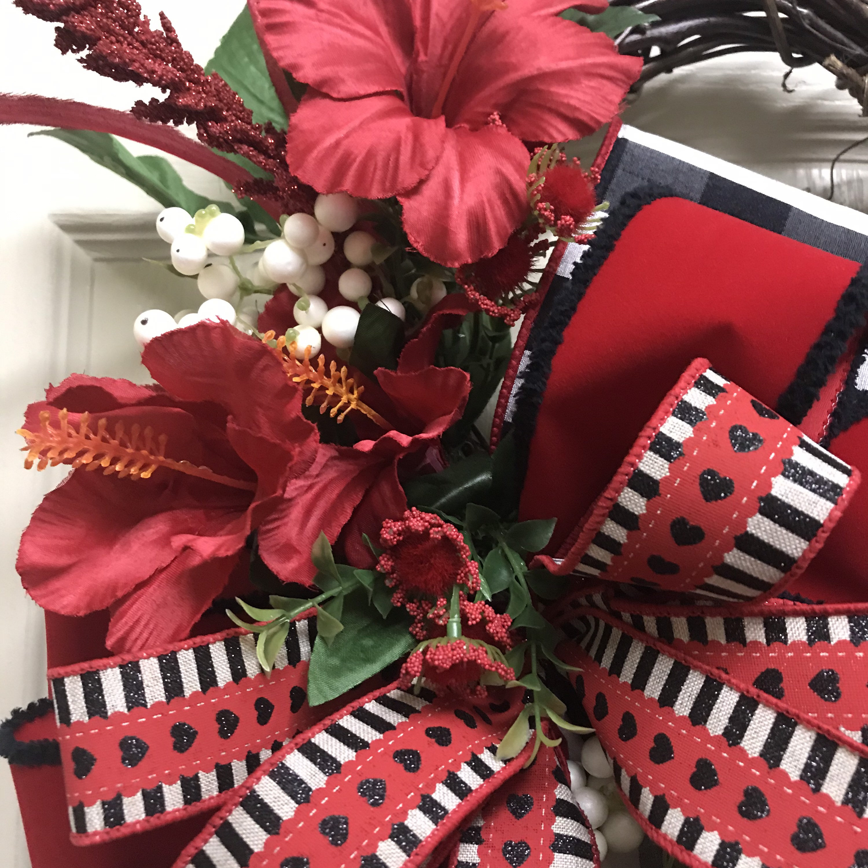 Wreath on a Heart Shaped Grapevine Adorned With Coordinating Ribbon Bow ...