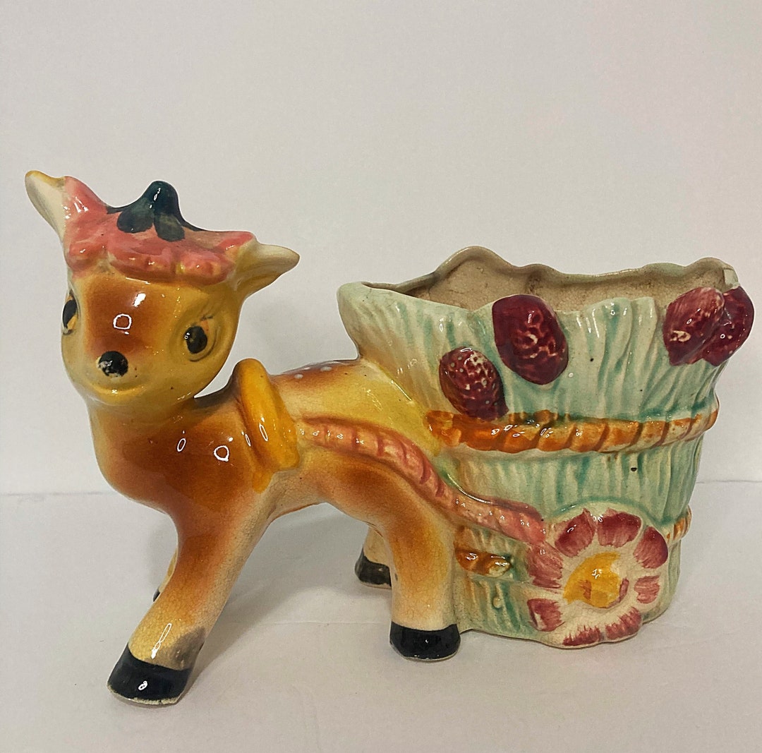 Deer Fawn Vintage MCM Planter Large Flowers Cart Collectible Home Decor ...