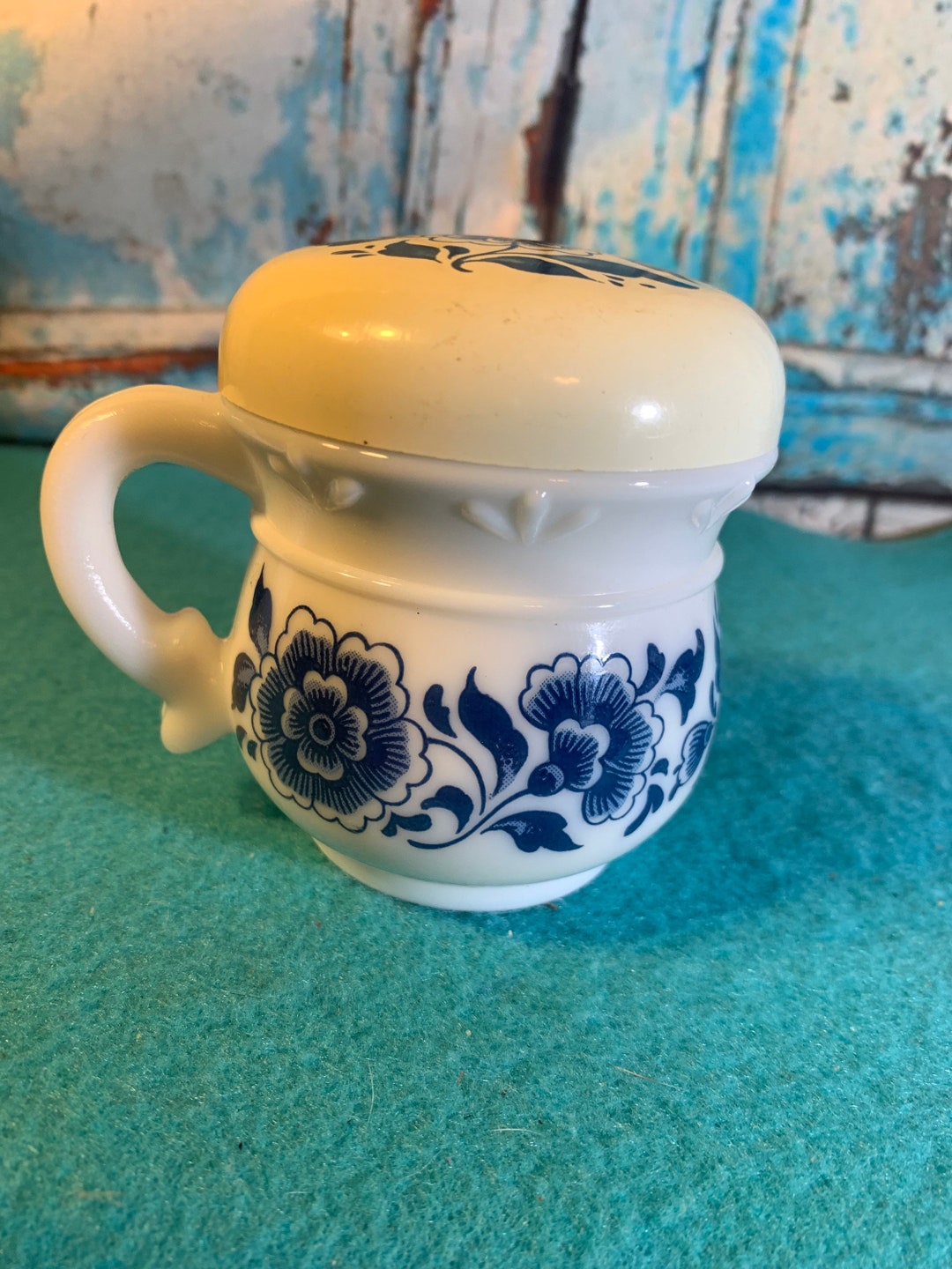 Small Collectible Ceramic Avon Jar With Plastic Lid and Blue Flowers in ...