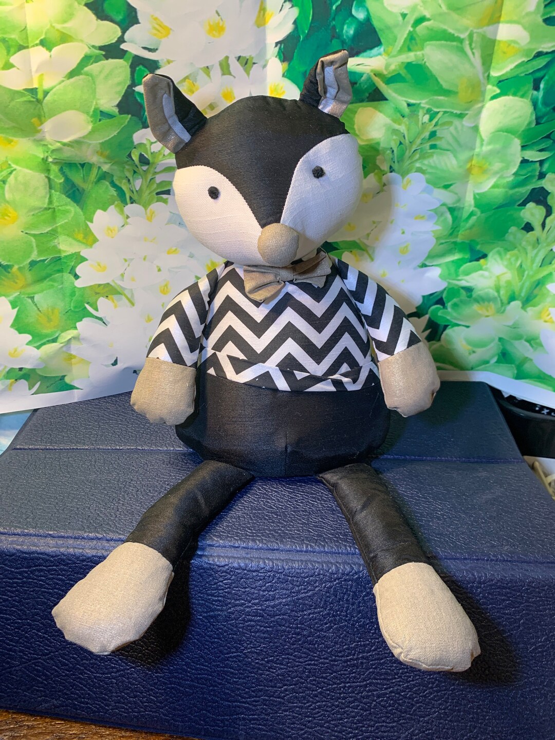 Fox Door Stop- Black, White, and Gold Fox With Heavy Bean Botton and Chevron Print in Excellent ...