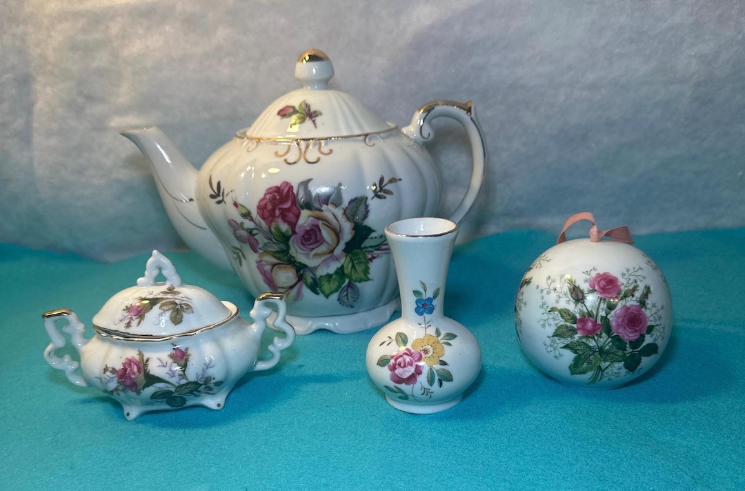 Vintage Rose Tea Set: Musical Teapot, Sugar Bowl, Vase, Pomander - Etsy