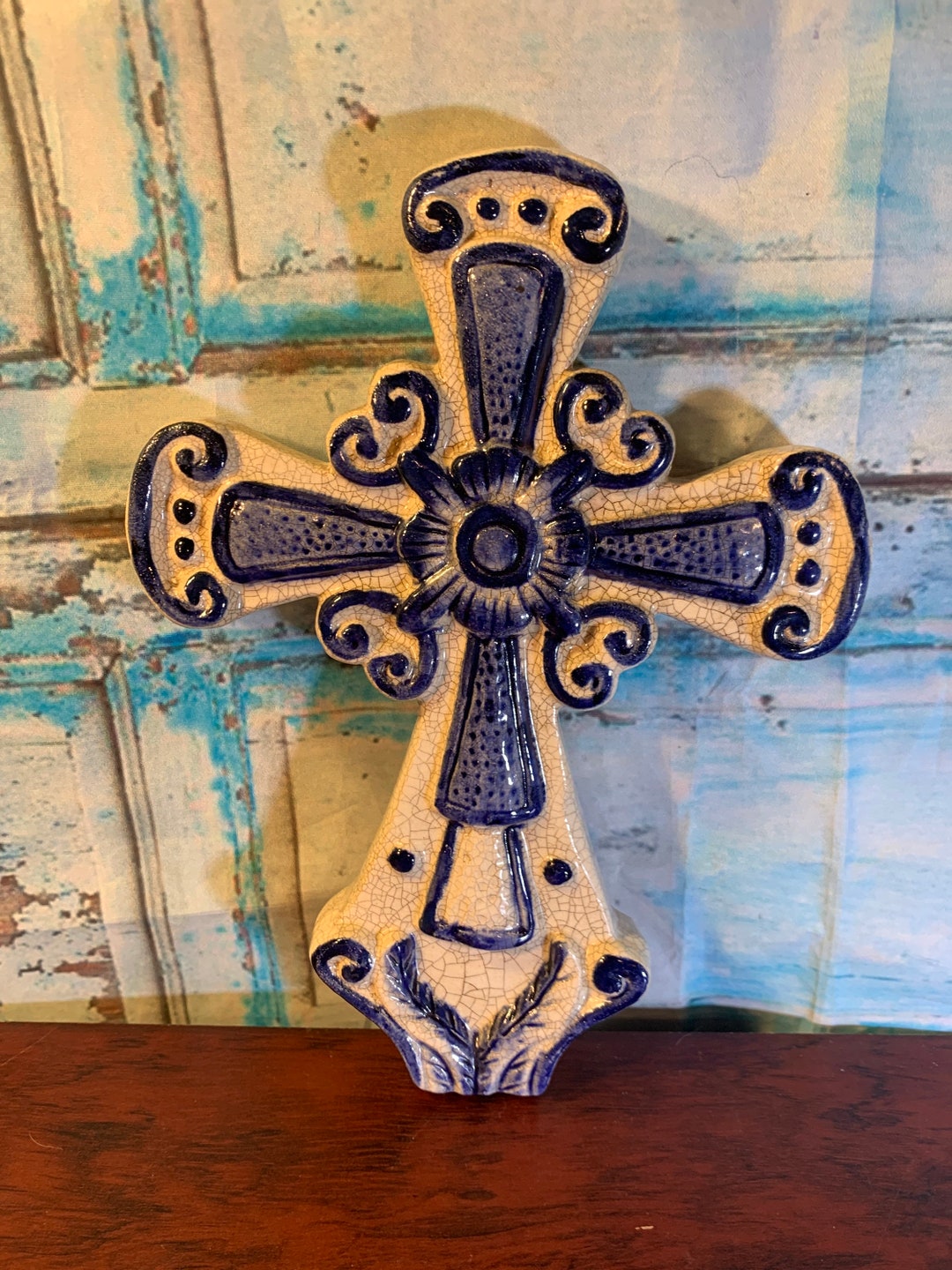 Beautiful Cross Wall Hanging- Ceramic Beige and Blue Cross in Excellent ...