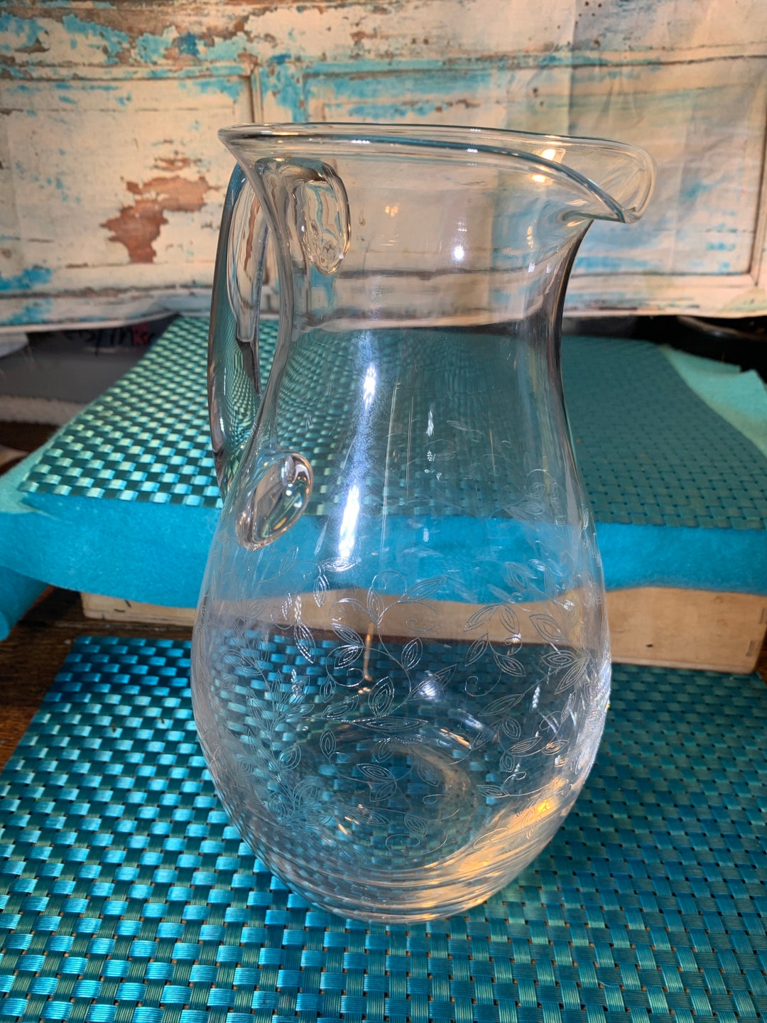 Clear Glass Pitcher With Etched Leaves Beautiful Pitcher in - Etsy
