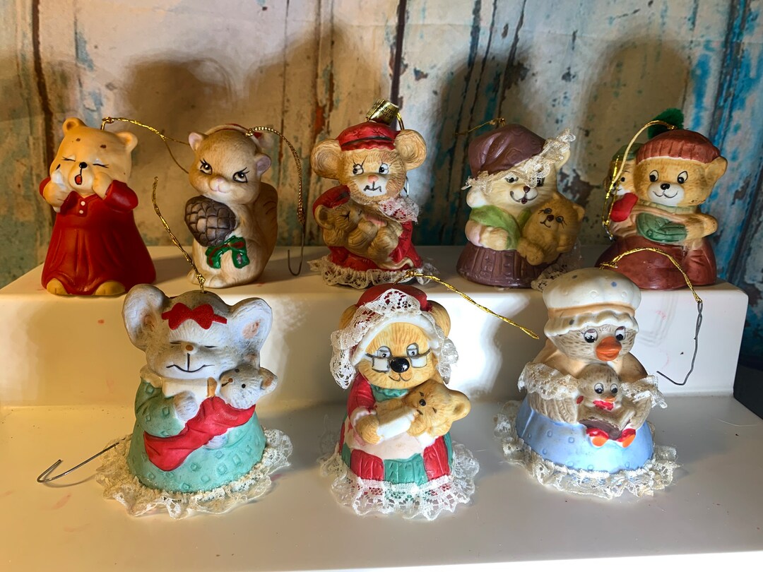 Baby Animals Christmas Bells Vintage Ornaments Set of Eight Mice, Bears ...