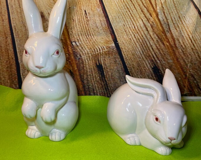 Fitz and Floyd Bunny Rabbit Figurines Set of 2 White Rabbits. Easter or ...