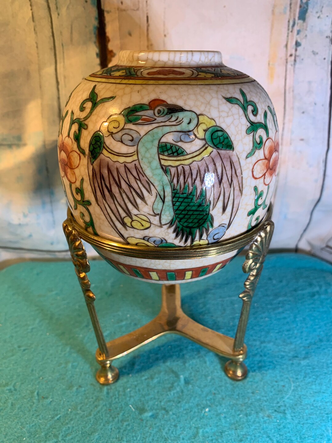 Vintage Japanese Vase With Brass Stand Ceramic Hand Painted With Crane ...