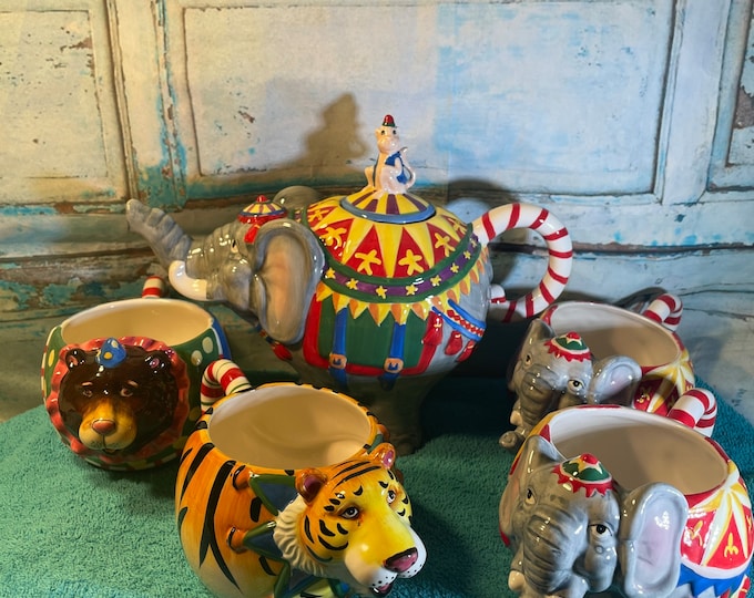RARE Circus Elephant Bear and Tiger Tea Set NEW Teapot and Four Mugs ...