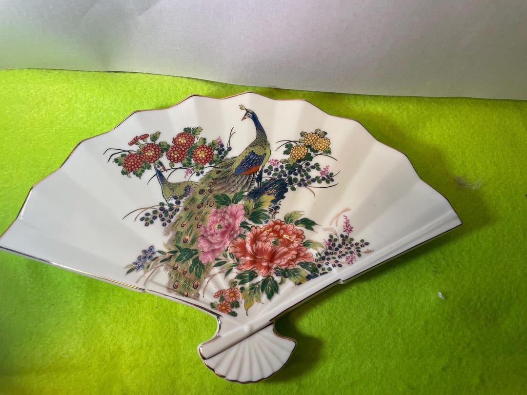 Vintage Japanese Porcelain Fan Bowl: Peacock & Floral Design, Gold ...