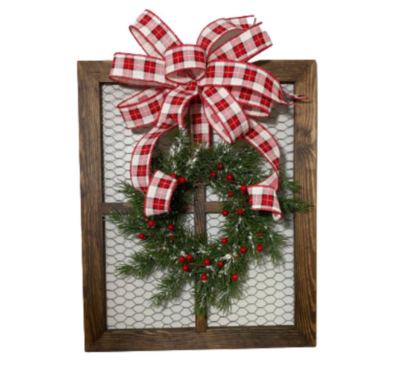Chicken Wire Window With Christmas Wreath, Christmas Mantel Sitter ...