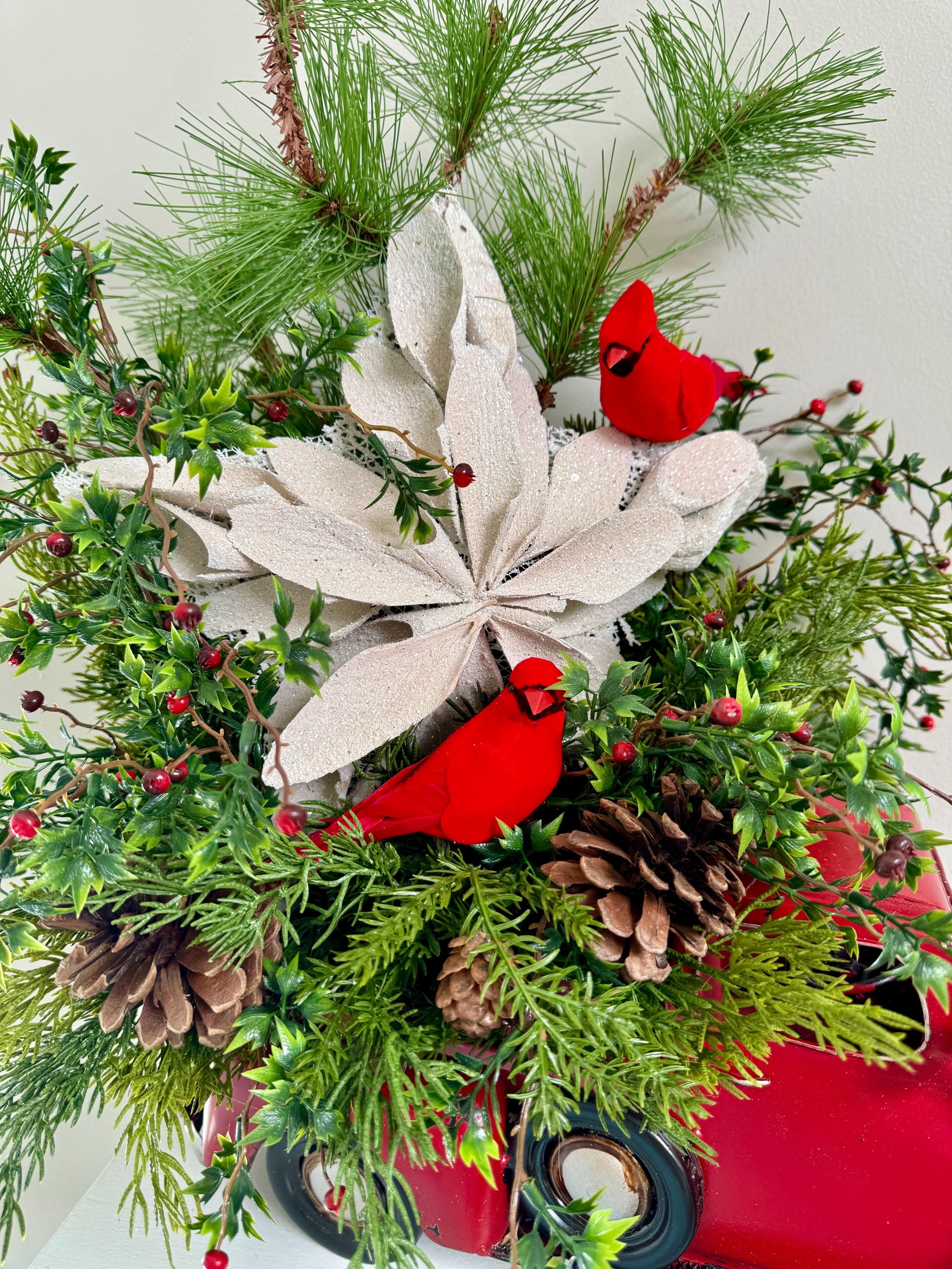 Rustic Christmas Red Truck Centerpiece With Greenery Pinecones, and ...