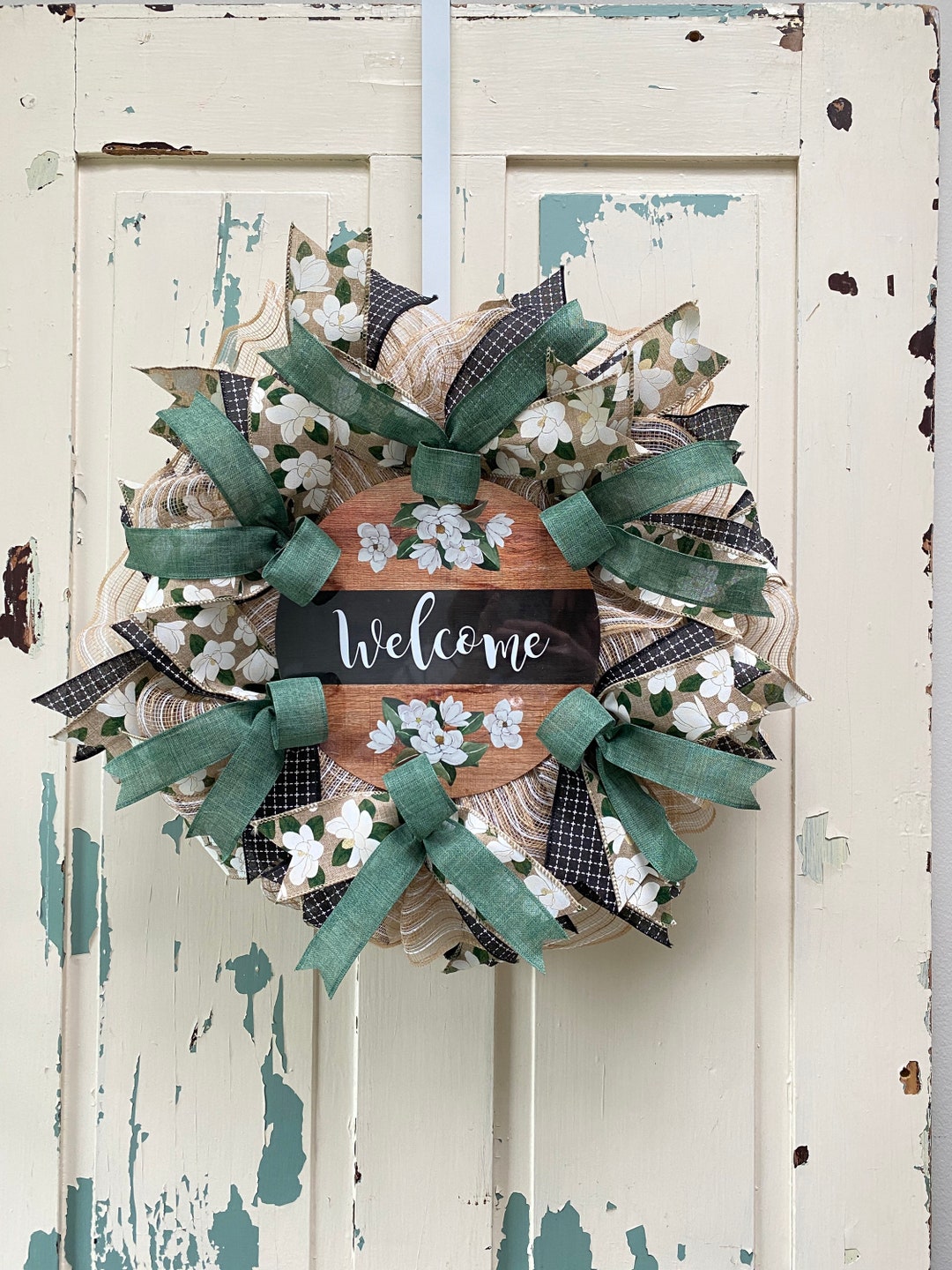 Magnolia Year Round Wreath for Front Door, Thin Magnolia Welcome Wreath ...