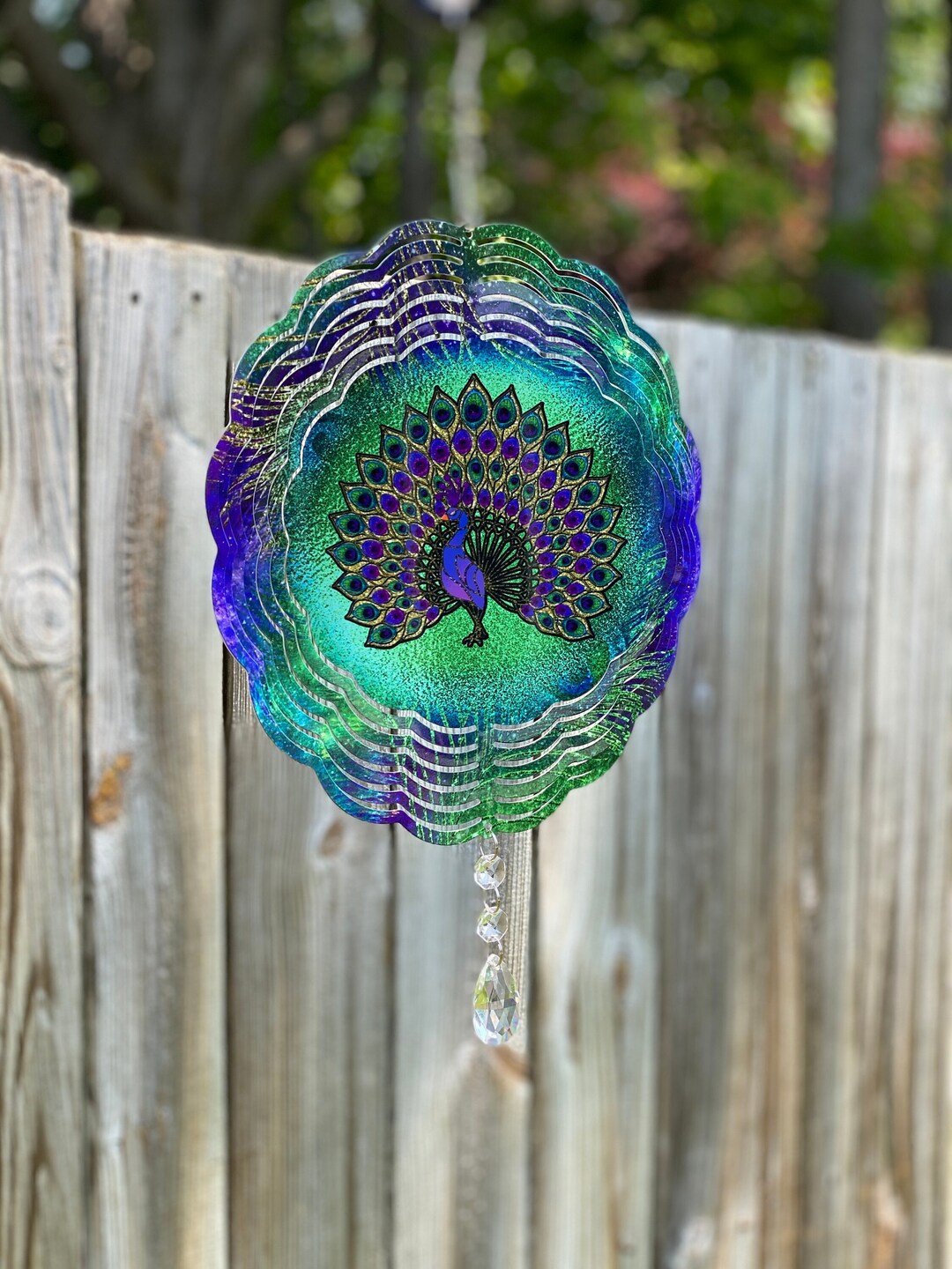 Peacock Wind Spinner, Hanging Stained Glass Look Peacock Metal Wind ...