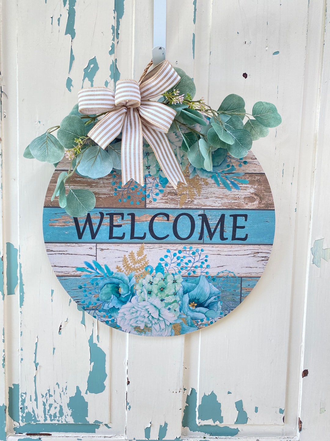 Blue Floral Welcome Front Door Hanger, Porch Sign, Welcome Sign, Wood ...